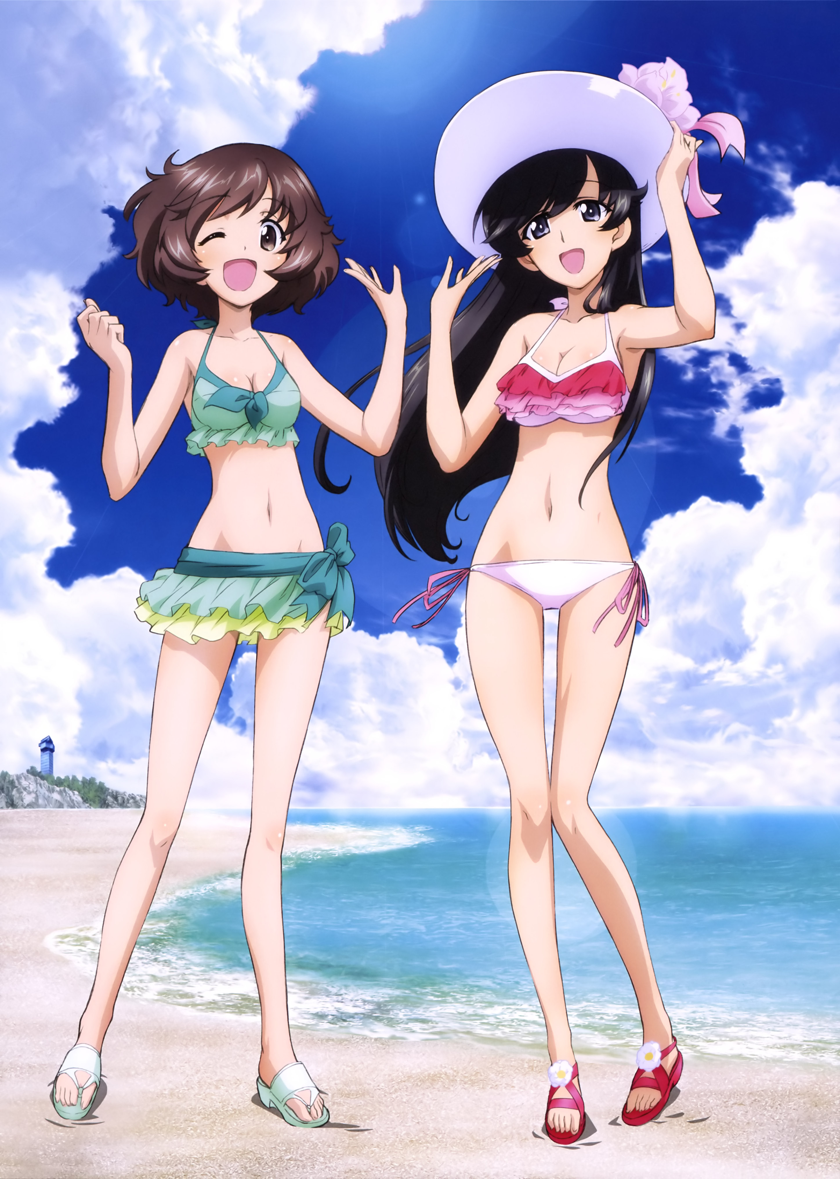 Safebooru - 2girls :d ;d absurdres akiyama yukari arm up bikini bikini skirt black eyes black ...